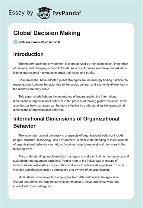 Global Decision Making 1616 Words Essay Example