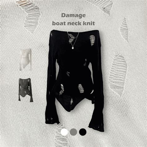 데미지포인트여리핏 시스루 데미지 보트넥 루즈핏 나팔소매 언발 트임 롱 니트 에이블리