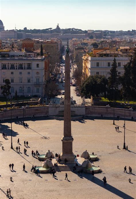 Aerial View Of Piazza Del Popolo Rome Italy With Tourists Walking