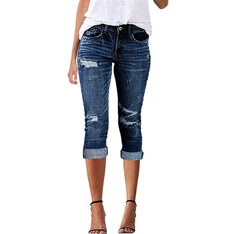 Womens Pants Casual Fashionable Perforated Elastic Denim Capris Pants