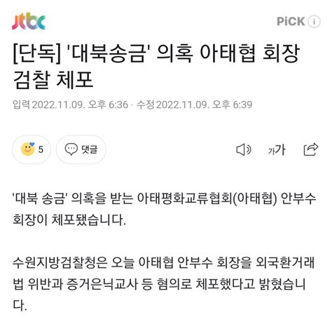 단독 대북송금 의혹 아태협 회장 검찰 체포 정치시사 에펨코리아
