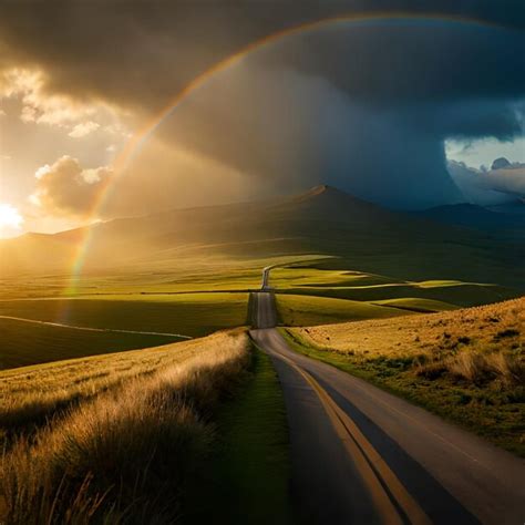 Premium Ai Image A Rainbow Appears Over A Road In A Field With A