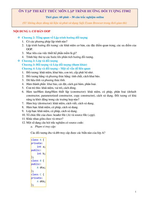 On Tap Thi Trac Nghiem Oop It002 Ôn TẬp Thi KẾt ThÚc MÔn LẬp TrÌnh