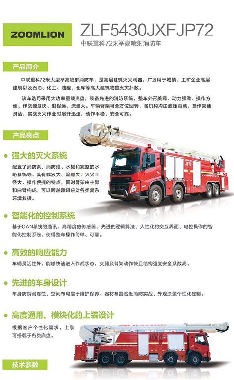 ZLF5430JXFJP72举高喷射消防车 产品型号 产品段位 小类 消防装备 产品中心 中联重科股份有限公司