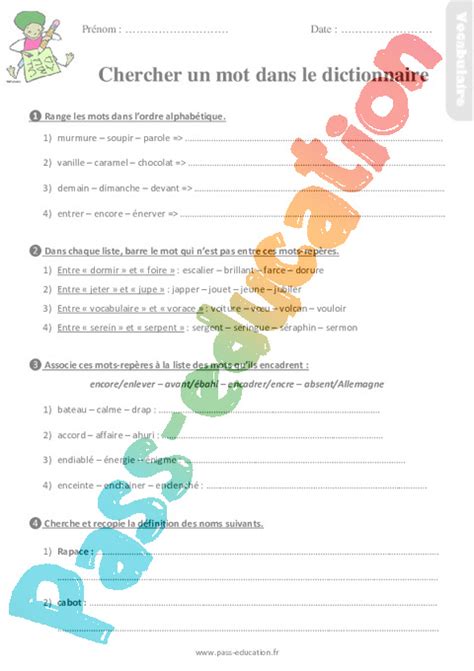Chercher Un Mot Dans Le Dictionnaire Tude De La Langue Exercices