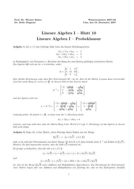 Lineare Algebra I Blatt 10 Lineare Algebra I Probeklausur