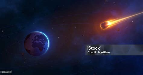 행성 지구와 불타는 혜성과 공간 배경 거대한 소행성이 지구에 접근하고 있습니다 현실적인 운석 접근 방식 벡터 일러스트레이션 행성