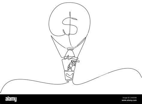 Single Continuous Line Drawing Robots In Hot Air Balloon With Money Bag Looking With Telescope
