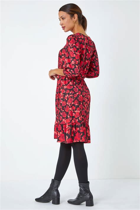 Red Floral Print Frill Hem Stretch Dress Roman Uk