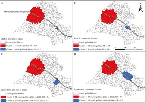 Spatial Clusters Of Cases A And Deaths B And Space Time Clusters Of