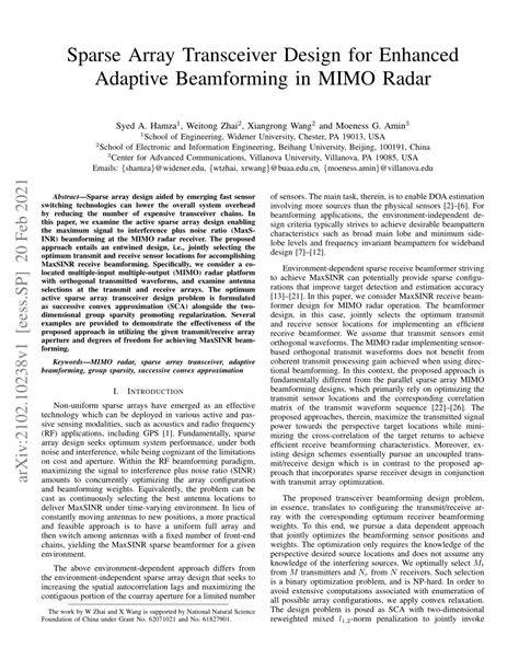 Pdf Sparse Array Transceiver Design For Enhanced Adaptive Beamforming