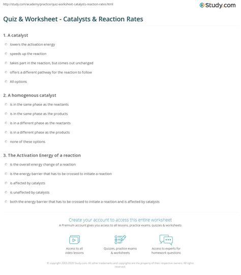 Quiz And Worksheet Catalysts And Reaction Rates