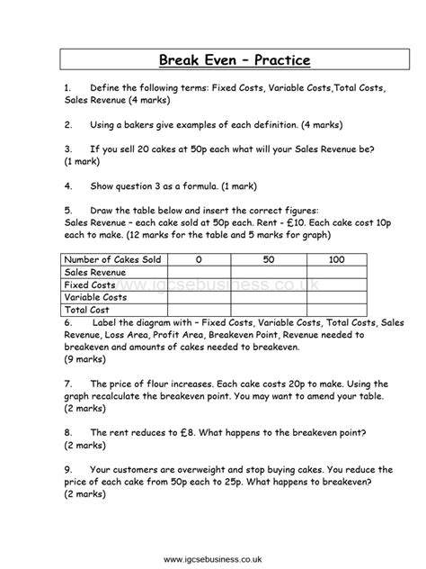 Break Even Questions Activity Pdf Economies Marketing