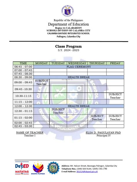 Class Program Matatag Template Pdf