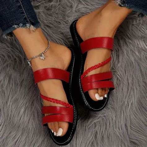 Braided Flat Slide Sandals Women S Open Toe Faux Leather Non Temu
