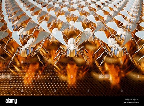 An Army Of Countless Small White Artificial Bee Robots Are Lined Up On