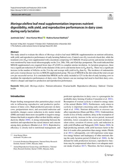 Moringa Oleifera Leaf Meal Supplementation Improves Nutrient Digestibility Milk Yield And