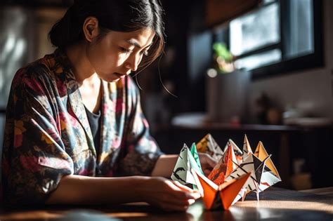 Premium Ai Image A Young Woman Folding Origami Paper And Making A