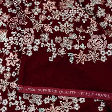 Maroon Color Velvet Thread And Sequin Embroidered Fabric