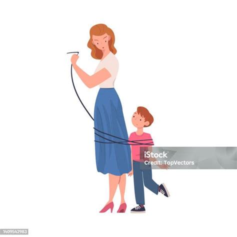 밧줄로 묶인 여자 어머니 그녀의 어린 아들은 부모와 자녀 사이의 문제가되는 의사 소통과 오해로 벡터 일러스트 레이 션 개념에