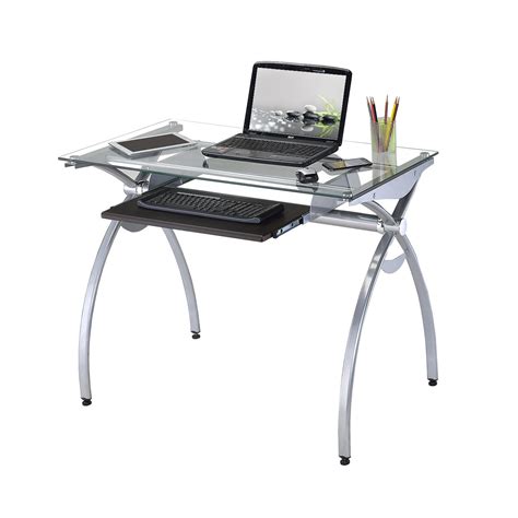 Contempo Clear Glass Top Computer Desk With Pull Out Keyboard Panel