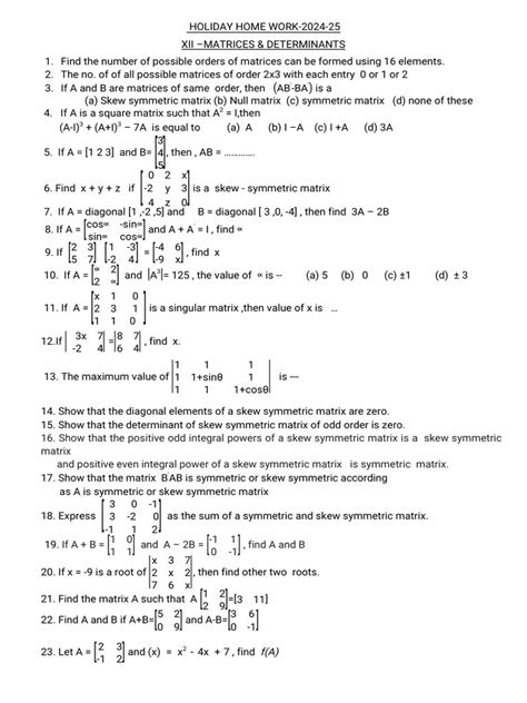 xii holiday home work matrices and det 24 25 pdf matrix