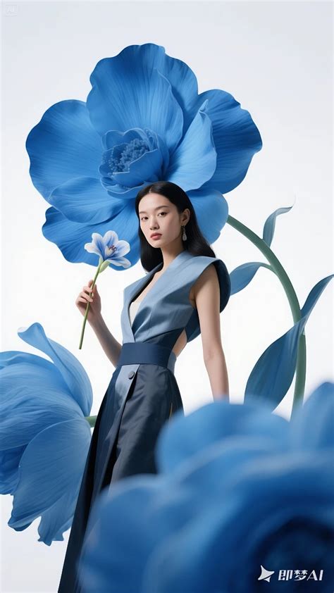 人像摄影 商业人物在巨大的青色的花中间 女生 人物手拿一朵花伸向镜头 穿着时尚的服饰 画面有冲击感 模特看着观众 颜色坚定 纯色背景 白色 明亮 面光，侧面光 层次 前景虚化效 花瓣网