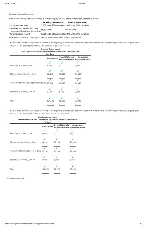 ACC 202 Problem Set Module 2 3 39 Check My Works Used Equivalent Units Of Production Data