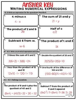 FREE Writing Numerical Expressions Variables Challenge Quiz Worksheet
