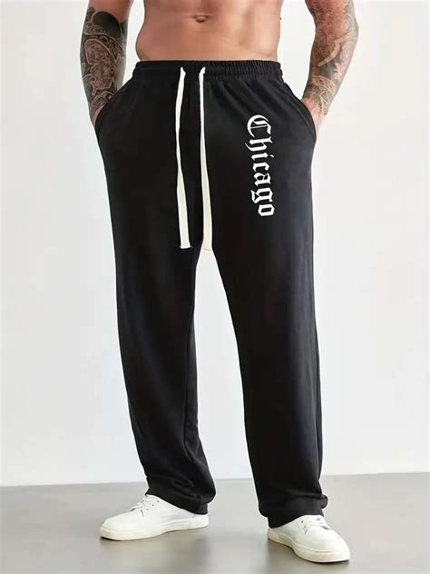 Mens Stylish Drawstring Chicago Graphic Print Long Pants Temu New Zealand