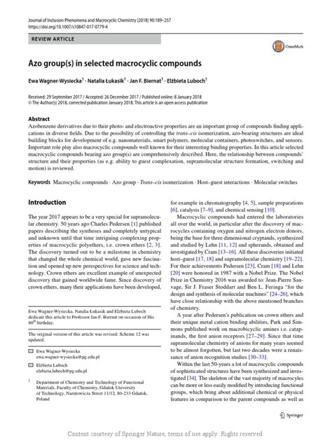Azo Groups In Selected Macrocyclic Compounds Pdf Supramolecular