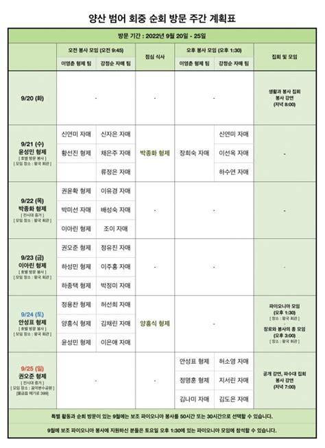순회방문 계획표 2022년 하반기 회중게시판 양산범어회중
