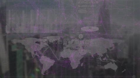 Digital Data Dashboard Displaying Global Network Map With Charts And Metrics Over Blurred Office
