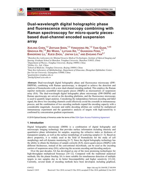 Pdf Dual Wavelength Digital Holographic Phase And Fluorescence Microscopy Combining With Raman