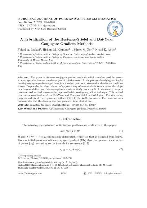 Pdf A Hybridization Of The Hestenes Stiefel And Dai Yuan Conjugate Gradient Methods