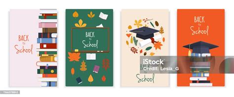 책 졸업 모자 잎이 있는 학교 카드 세트로 돌아갑니다 소매 마케팅 프로모션 및 교육 관련 요소 0명에 대한 스톡 벡터 아트 및 기타 이미지 Istock