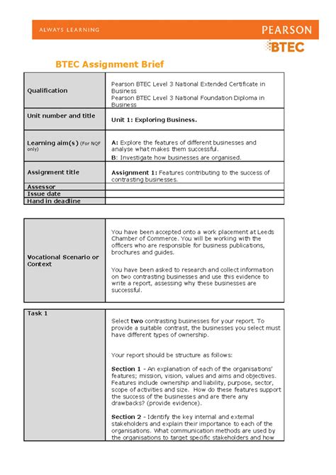 Unit 1 Assignment 1 Learning Aims A And B 2 Btec Assignment Brief Qualification Pearson Btec