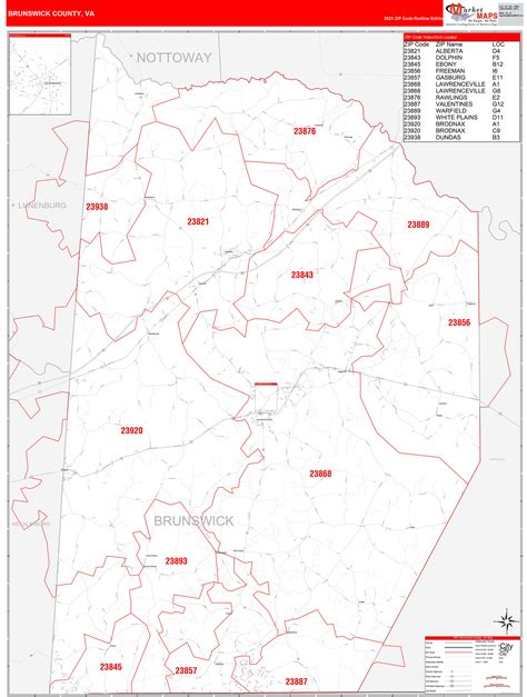 Brunswick County Va Zip Code Wall Map Red Line Style By Marketmaps