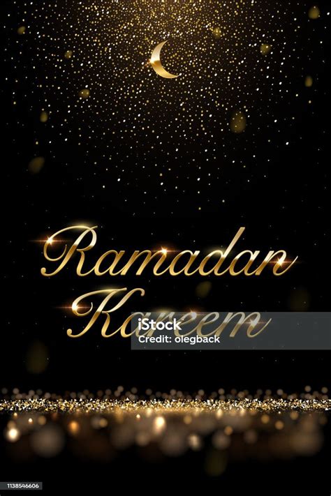 라마단 카림 벡터 배경입니다 황금 달과 어두운 배경에 반짝이는 황금 반짝이 텍스트 Eid Ul Fitr에 대한 스톡 벡터 아트