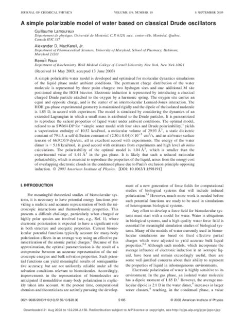 Pdf A Simple Polarizable Model Of Water Based On Classical Drude