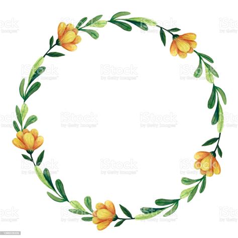 귀여운 봄 꽃 화환 구아슈 그림 노란 꽃과 녹색 잎 우아함 귀여운 꽃 프레임 여름 꽃다발 서클 프레임 일러스트레이션의 만화 스타일 손으로 그린 그림 0명에 대한 스톡 벡터