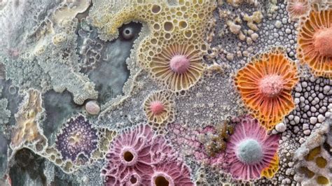 Dense Microbial Layer Showcasing Vibrant Colors And Unique Structures In A Natural Environment