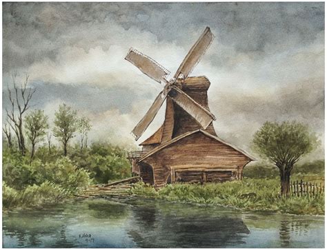 Watercolor Of An Old Photo Holland Windmills Old Photos Watercolor