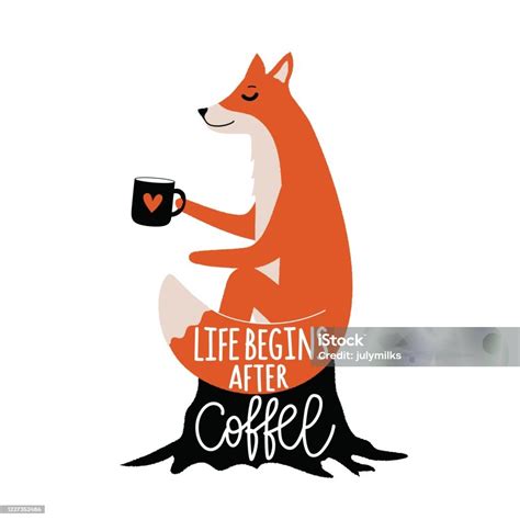 차 또는 커피 한 잔과 검은 그루터기에 앉아 생강 여우와 벡터 그림 커피 레터링 견적 후 삶이 시작됩니다 여우에 대한 스톡 벡터 아트 및 기타 이미지 Istock