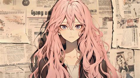 报纸墙 粉色长发女孩 4k动漫桌面壁纸 极简壁纸