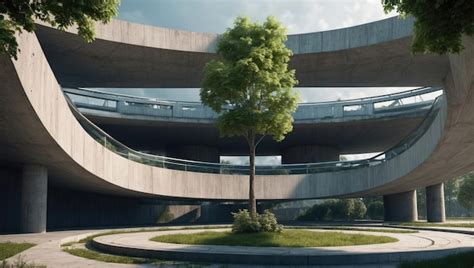 Premium Photo Futuristic Concrete Structure With Tree And Overpass