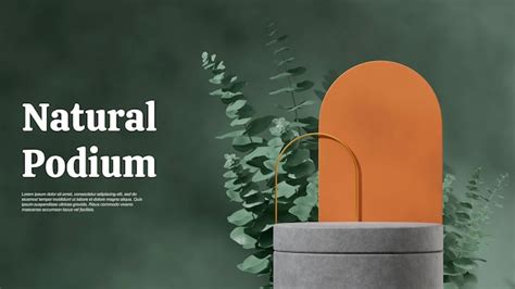 Пустой макет серый бетонный подиум в ландшафте оранжевая арка золото и зеленый лист 3d