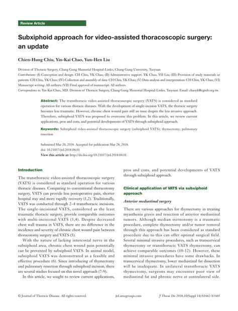 Pdf Subxiphoid Approach For Video Assisted Thoracoscopic Surgery An