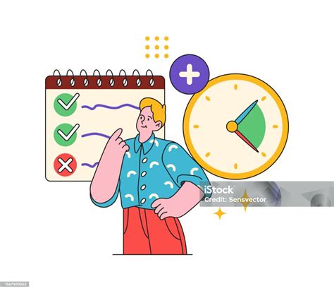 작업 효율성 및 생산성 도구 벡터 플랫 만화 캐릭터 약속 및 회의 일정이 있는 직원 남자 프로젝트 완료 마감일을 보여주는 시계 가공의 인물에 대한 스톡 벡터 아트 및 기타
