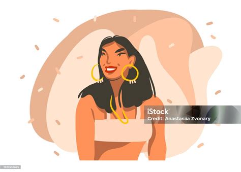 손으로 그린 벡터 추상 스톡 그래픽 일러스트 와 젊은 미소 하와이 여성 고립 에 흰색 배경 관광에 대한 스톡 벡터 아트 및 기타 이미지 관광 귀걸이 귀여운 Istock